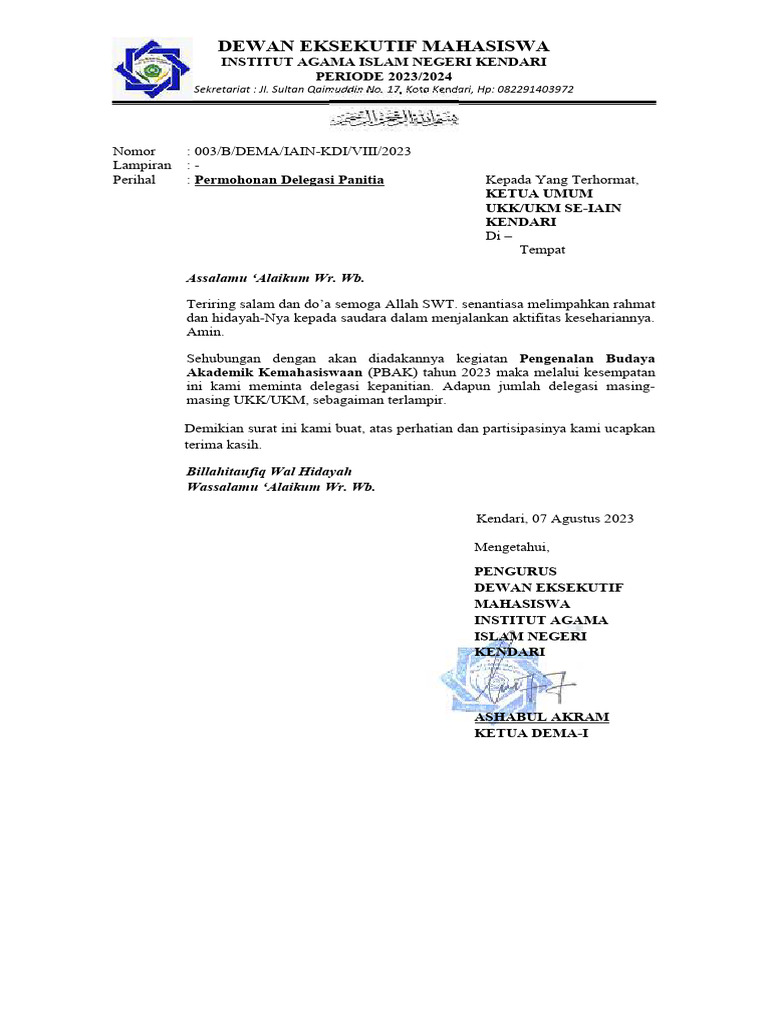 Permohonan Delegasi PBAK IAIN Kendari | PDF