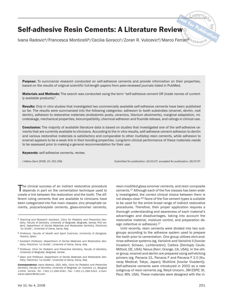 Self-Adhesive Resin Cements: A Literature Review | PDF | Dental ...
