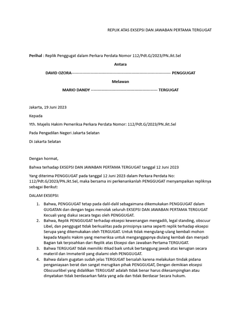 Replik Penggugat Fix | PDF | Hukum