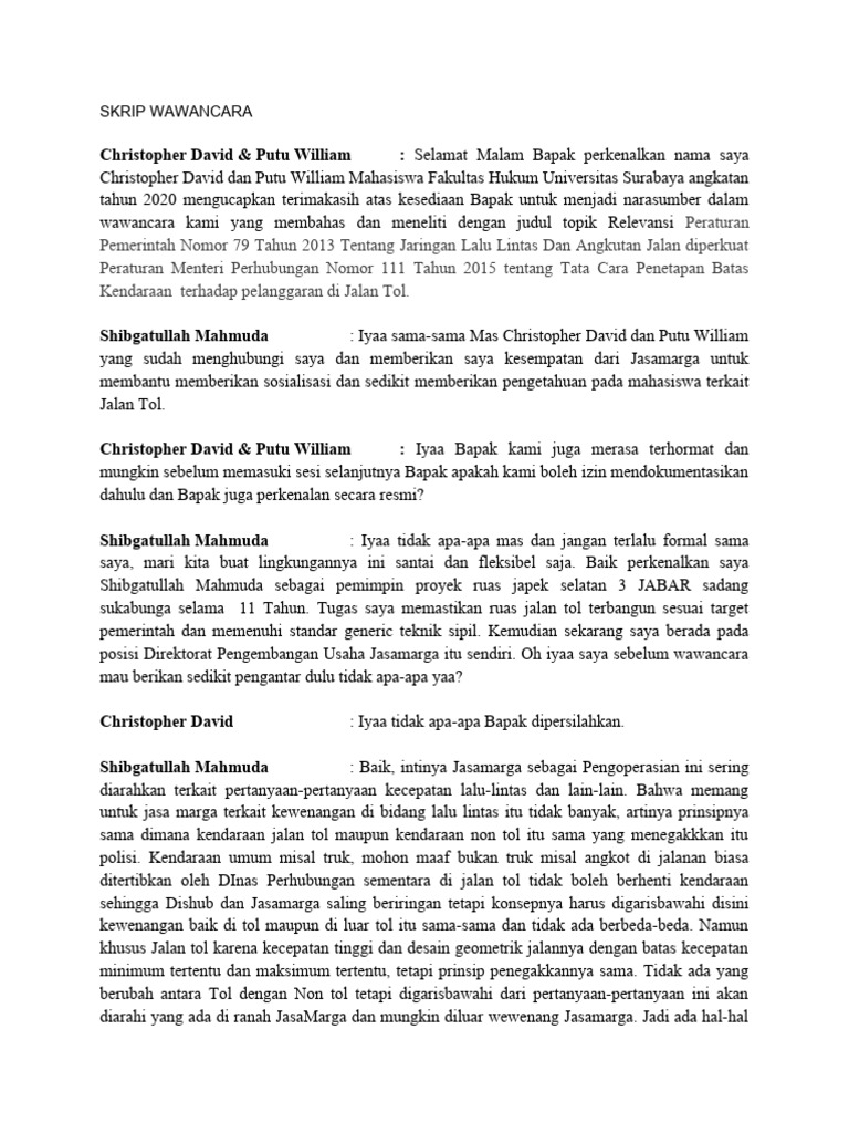 Skrip Wawancara Jasamarga dan Jalan Tol | PDF