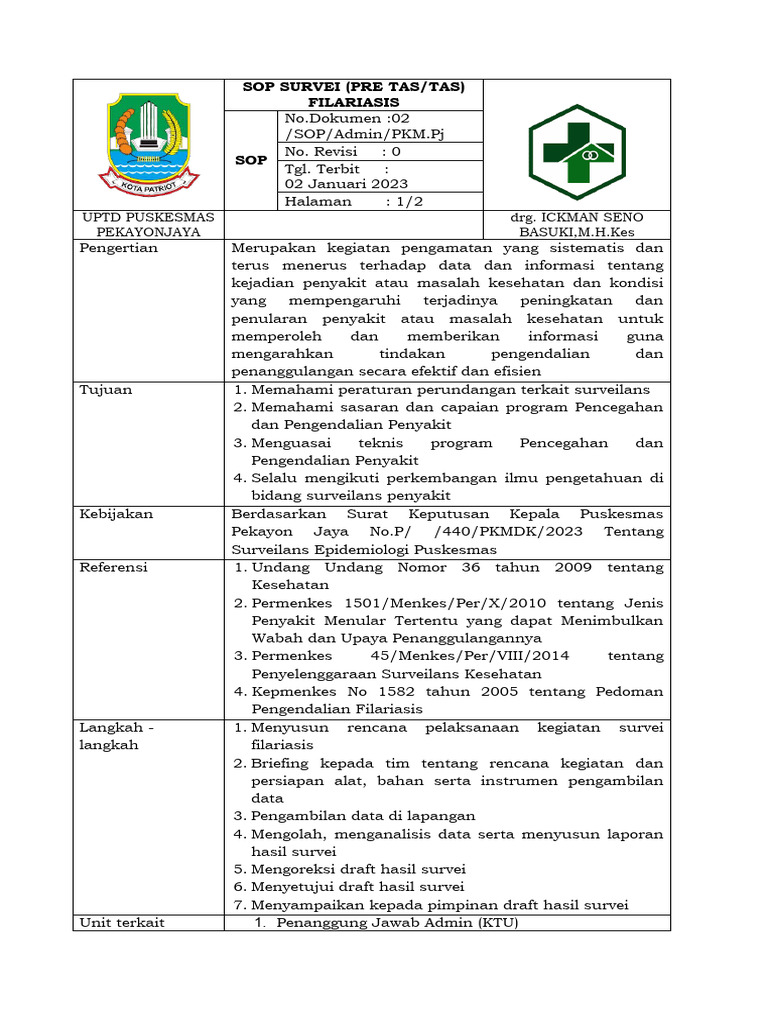 3 Sop Survei Pre Tas, Tas Filariasis | PDF