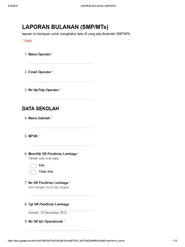 Laporan Bulanan (SMP - MTS) | PDF