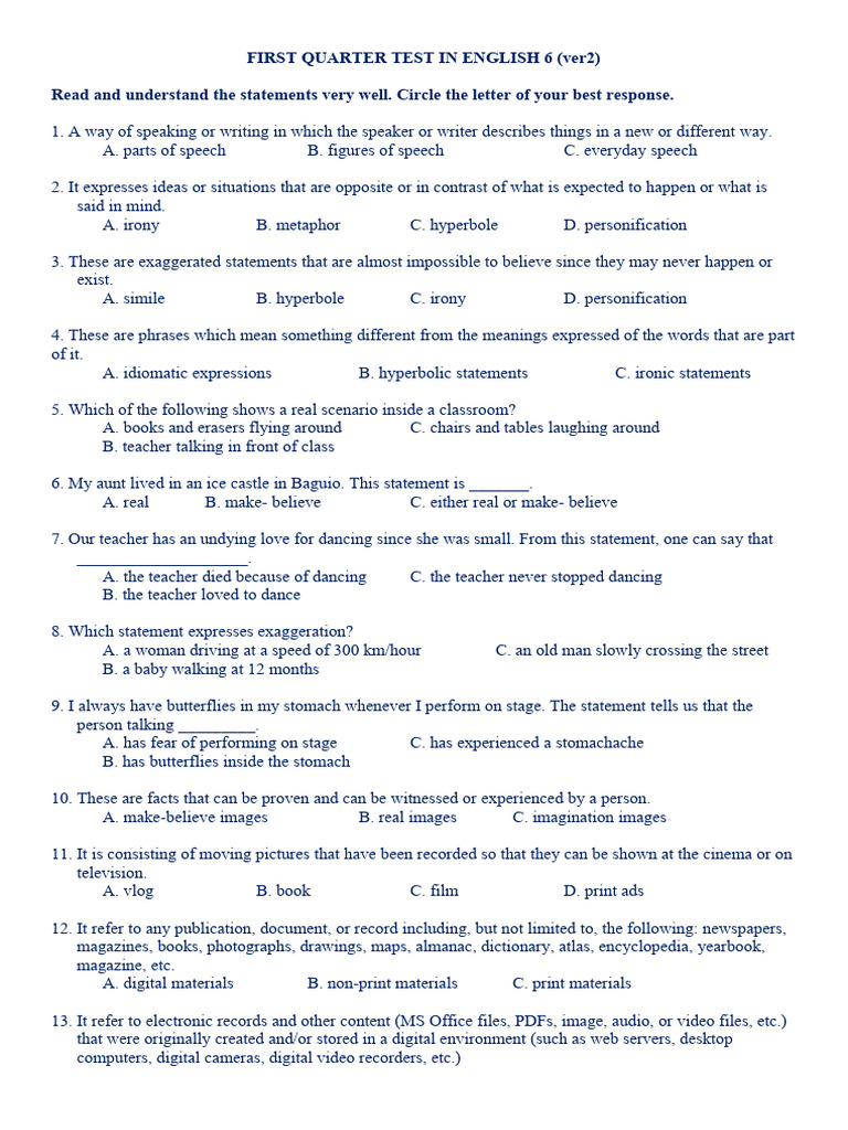 English 6 First Quarter Test | PDF | Irony | Books