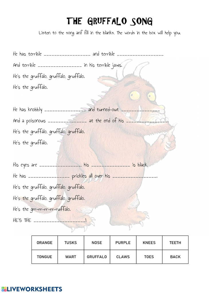 Gruffalo Song Fill-in-the-Blanks Worksheet | PDF