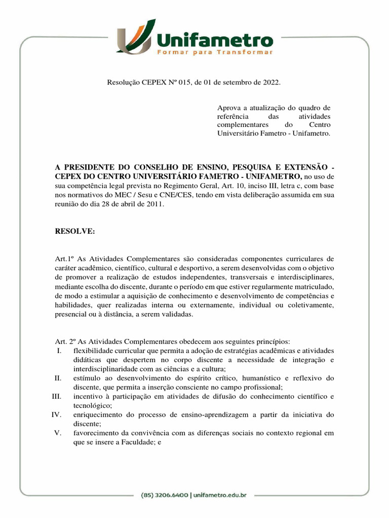 Res 015 2022 Cepex Aprova Atualizacao Do Quadro de Referencia Das ...
