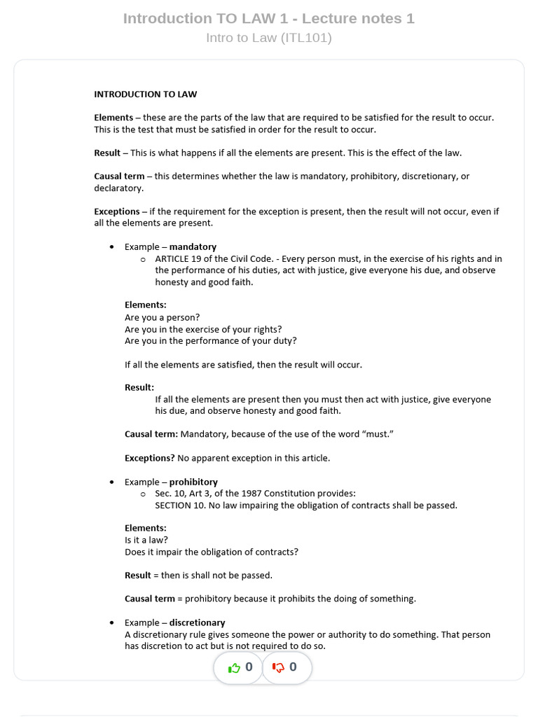 Introduction To Law 1 Lecture Notes 1 - Compress | PDF | Statutory ...