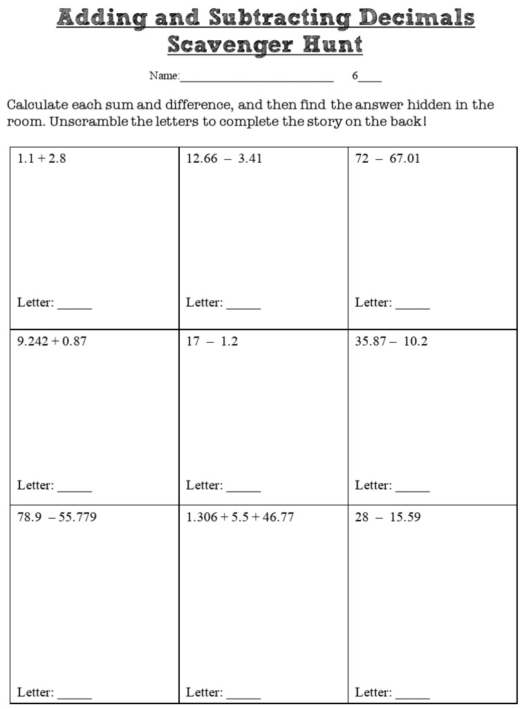 Adding and Subtracting Decimals Scavenger Hunt | PDF | Arithmetic ...