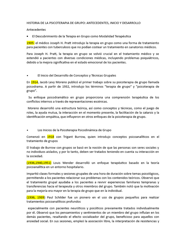 HISTORIA DE LA PSICOTERAPIA DE GRUPO - Resumen | PDF | Psicoterapia ...