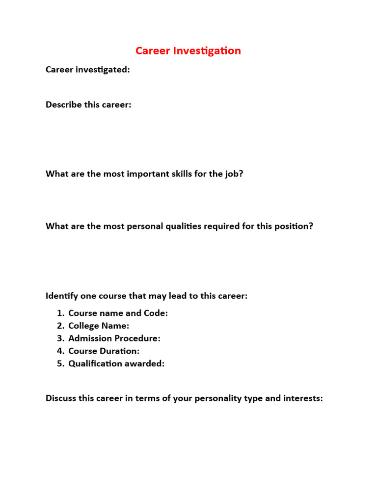 Career Investigation Worksheet | PDF