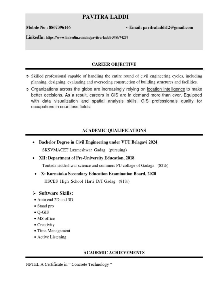 Civil Engineering Resume of Pavitra Laddi | PDF