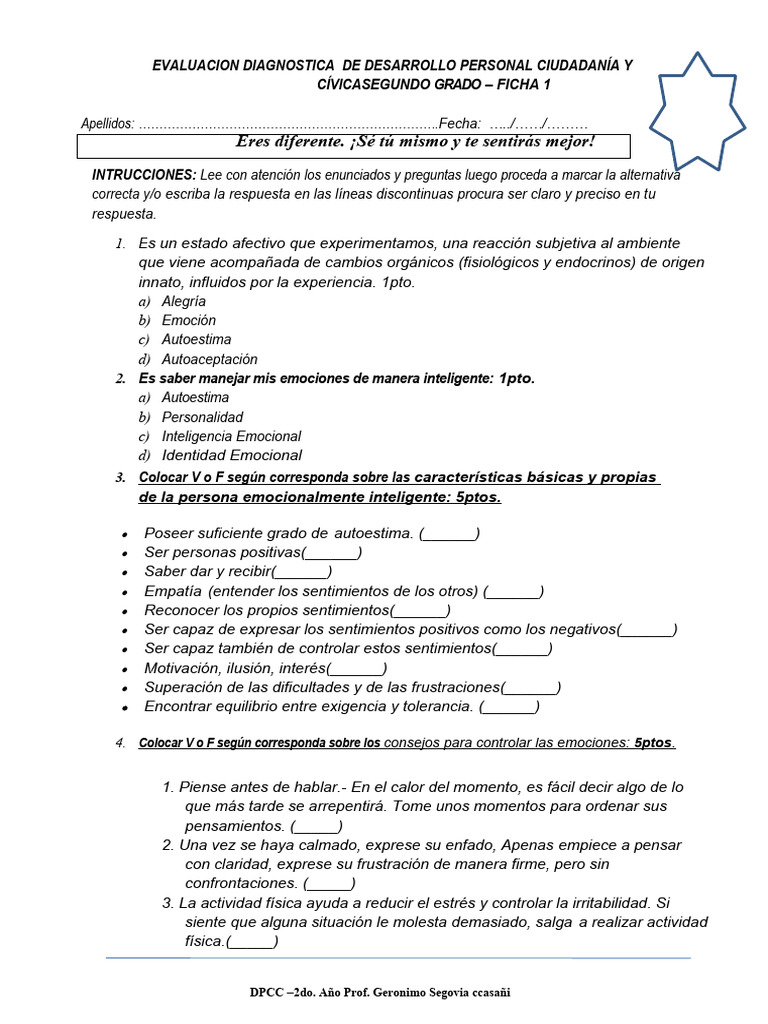 Evaluacion Ficha 2 DPCC SEGUNDO | Descargar gratis PDF | Las emociones | Autoestima