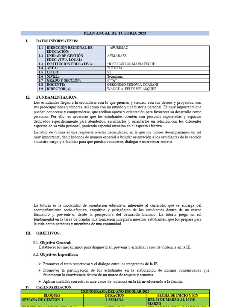 Plan Anual de Tutoria 2023 | PDF | Plan de estudios | Evaluación Plan Anual de Tutoria 2023 | PDF | Plan de estudios | Evaluación