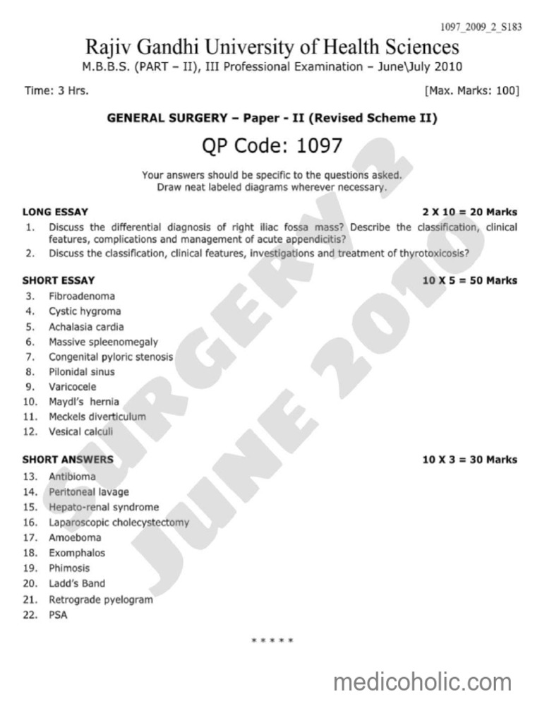 4th Year MBBS Question Papers RGUHS General Surgery Paper 2 | PDF