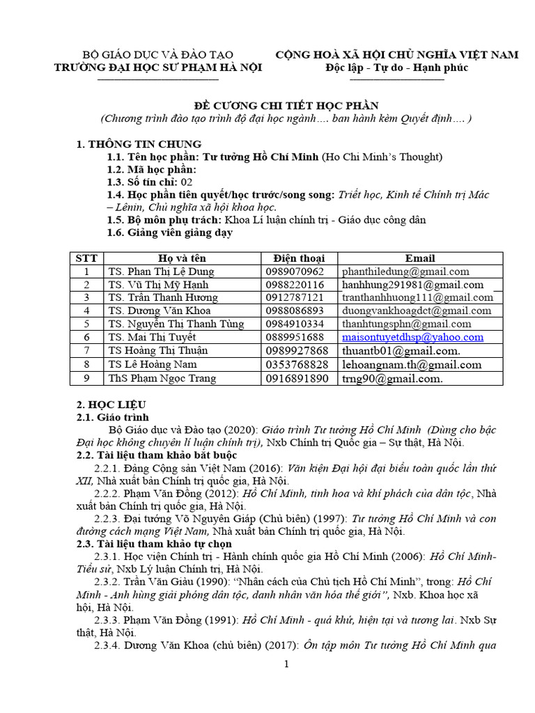 De Cuong Chi Tiet Hoc Phan TTHCM | PDF