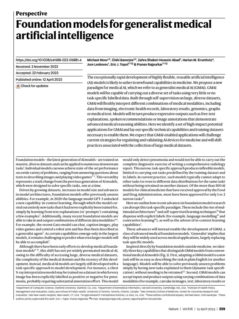 Foundation Models For Generalist Medical Artificial Intelligence | PDF ...