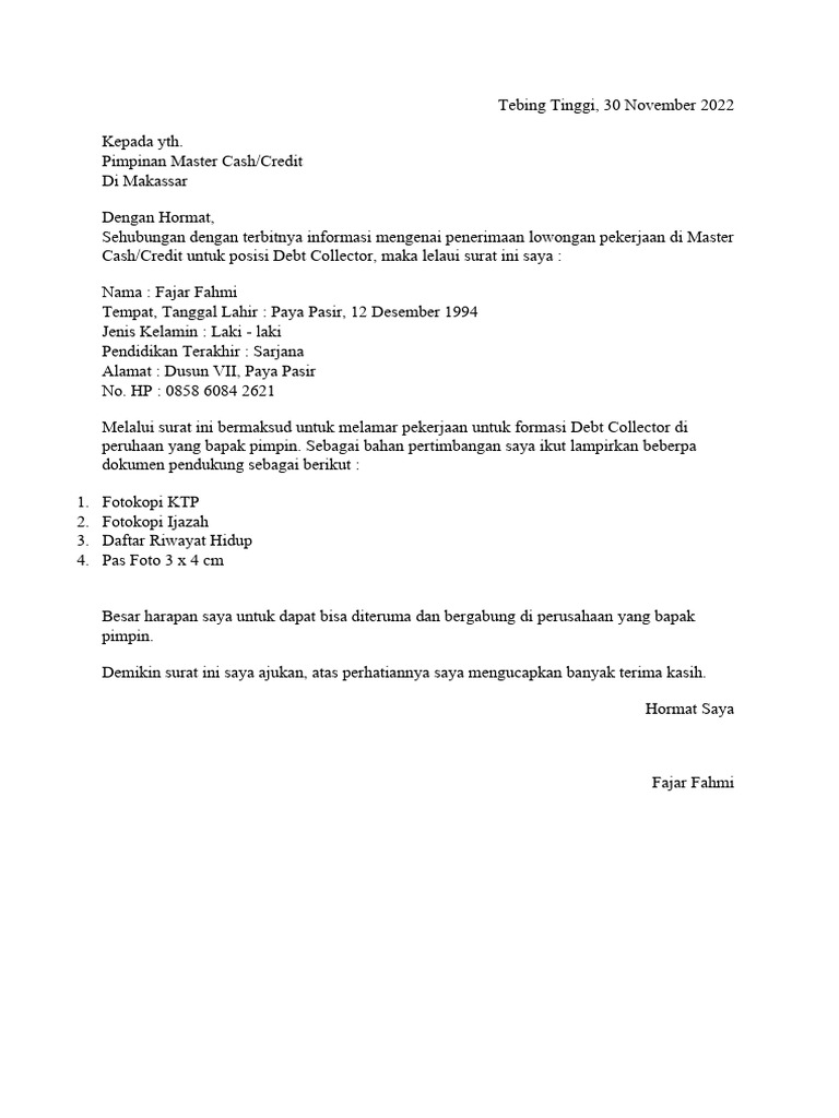 Surat Lamaran Kerja Debt Collector | PDF