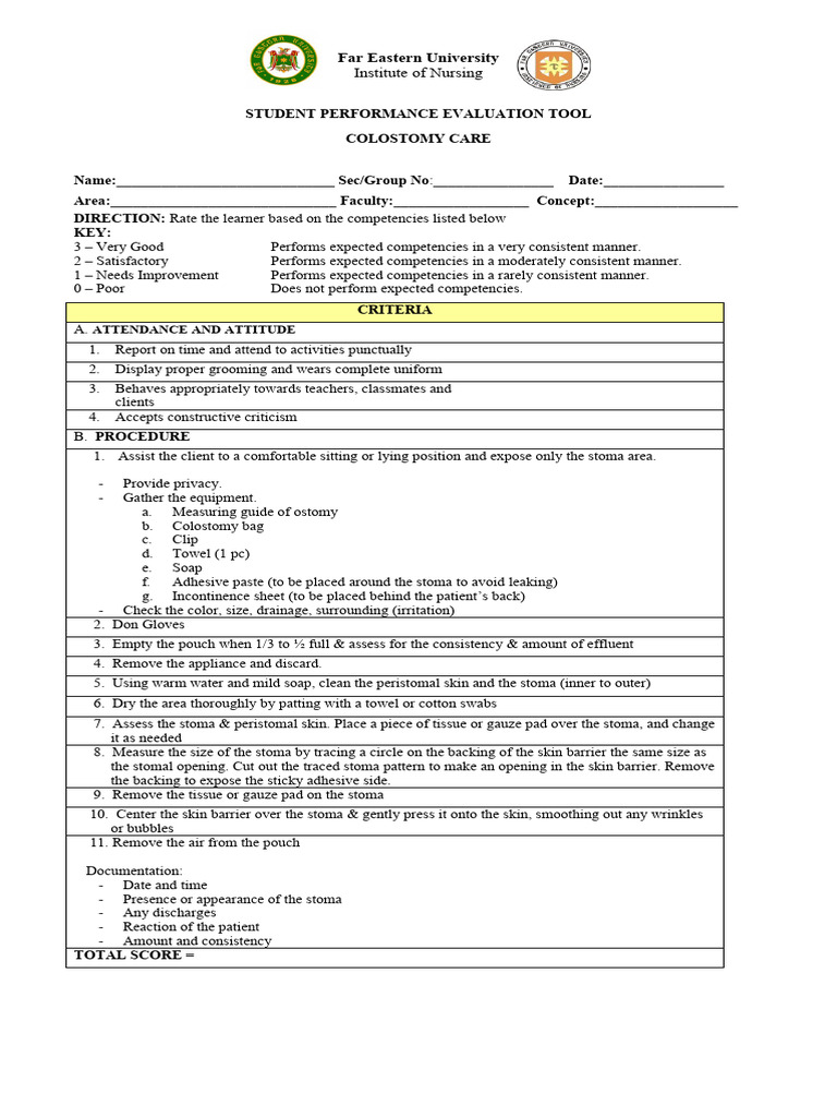 Performance Evaluation Tool Colostomy Care 1 | PDF