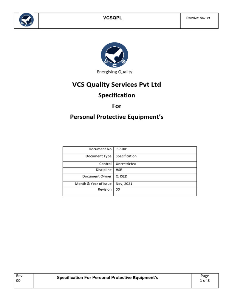 SP-001 (Specification For PPE Procurement) | PDF | Personal Protective ...
