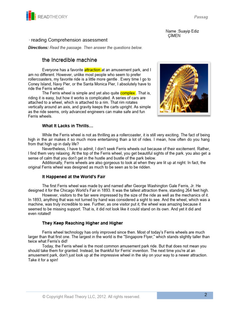 Reading Comprehension Assessment 3 | PDF | Amusement Park | Wheel