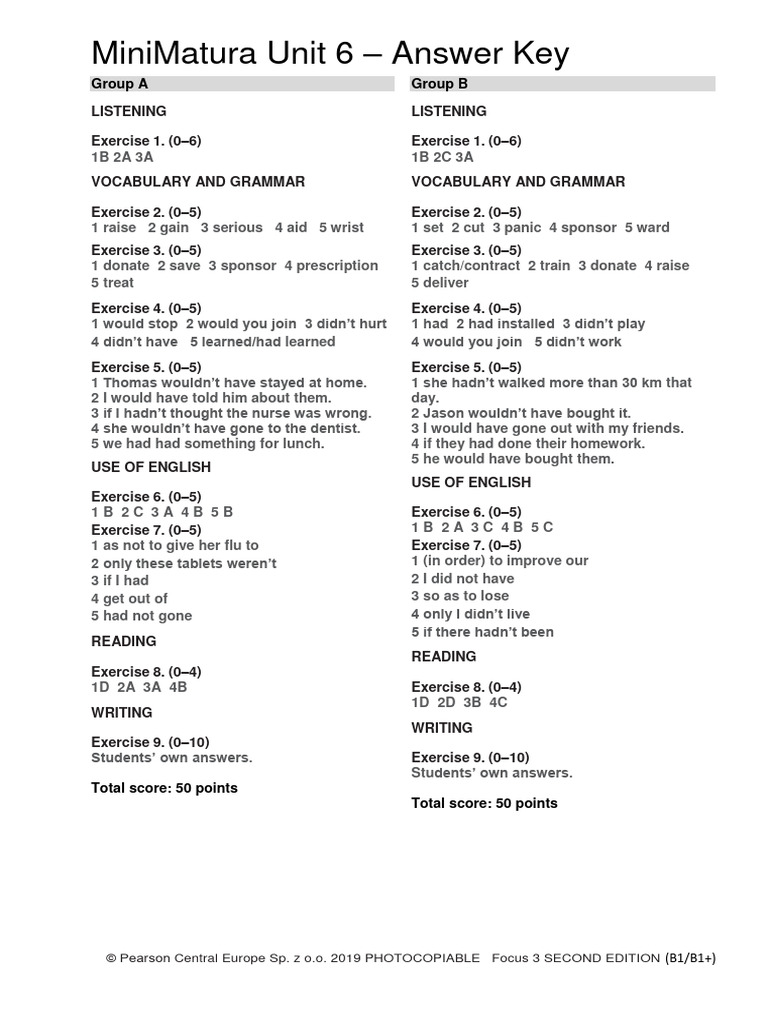 Focus3 2E MiniMatura Unit 6 ANSWERS | PDF