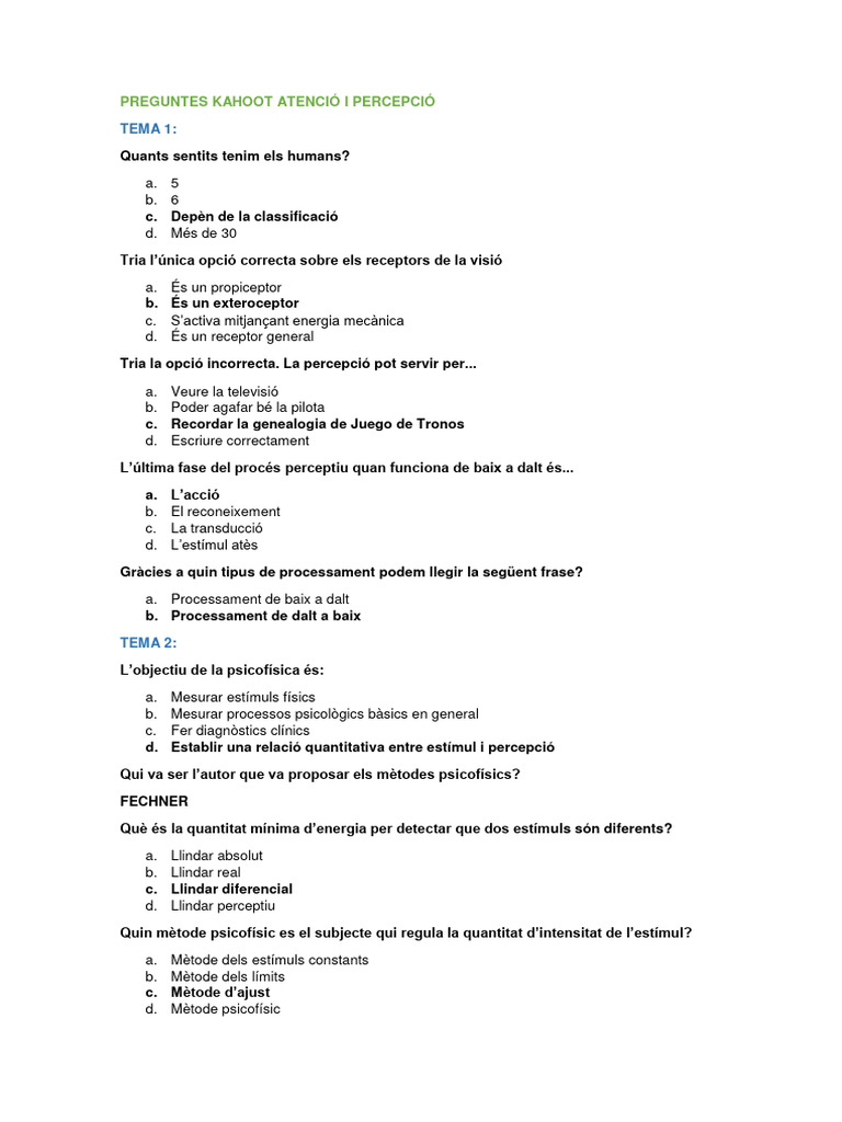 Preguntes Kahoot Atenció I Percepció | PDF