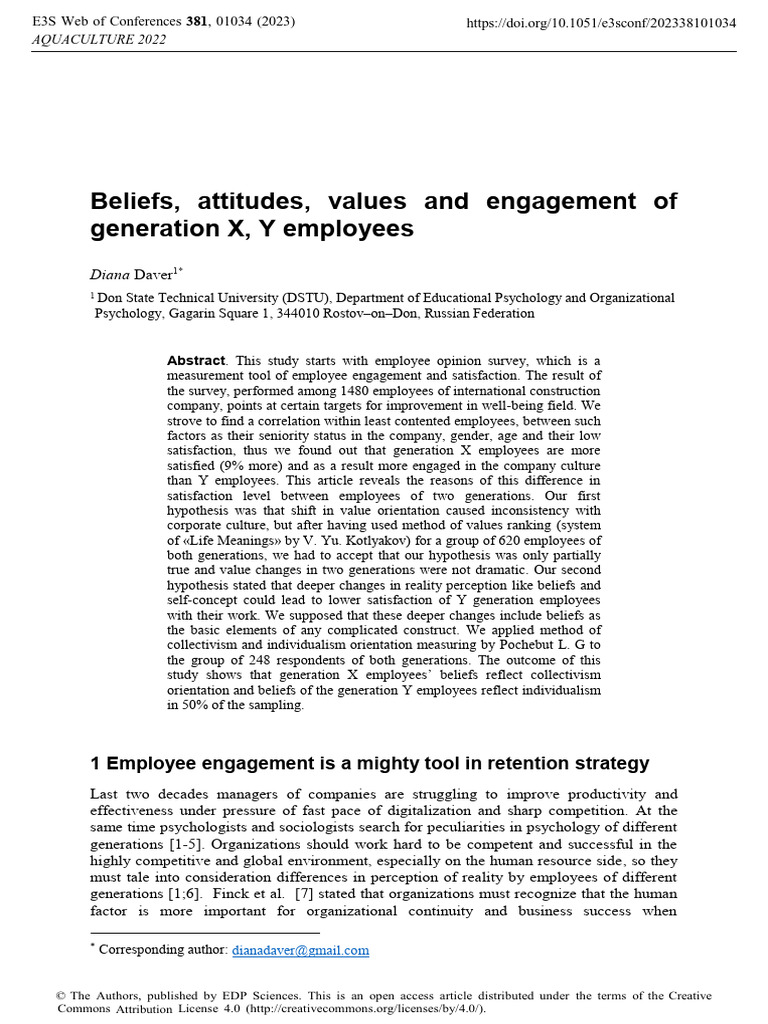 Beliefs, Attitudes, Values and Engagement of Gen X Y Employees ...