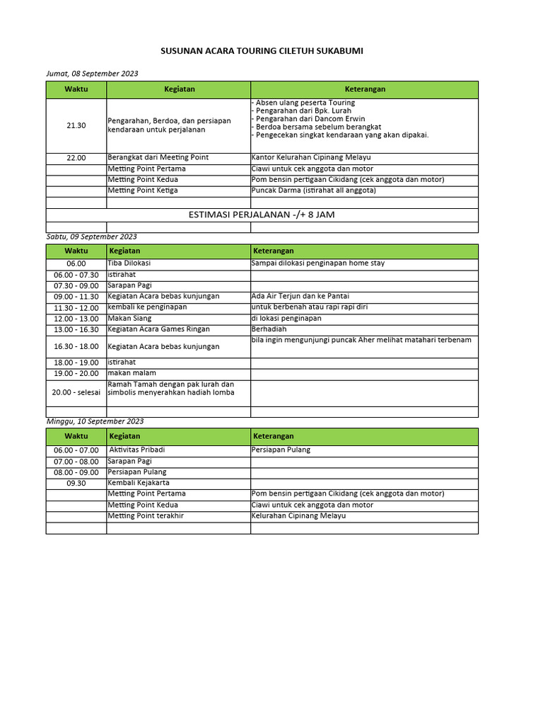 Rundown Acara Touring | PDF