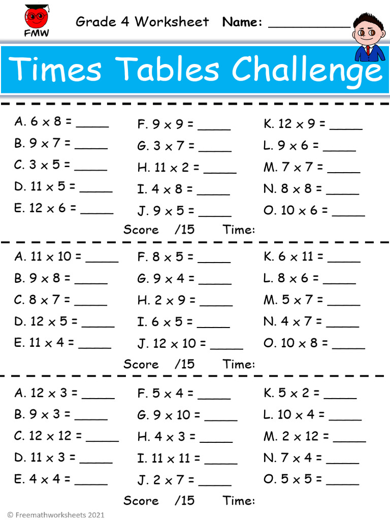 Grade 4 Times Tables Challenge Worksheet 1 | PDF