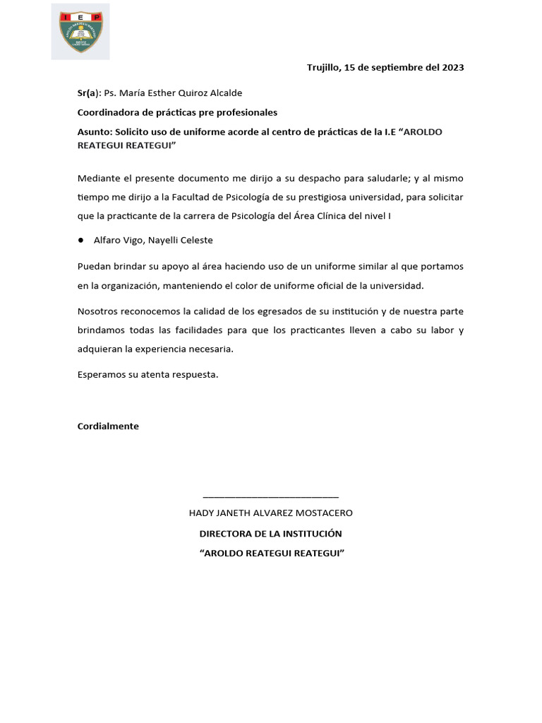 Solicitud Cambio de Uniforme | PDF