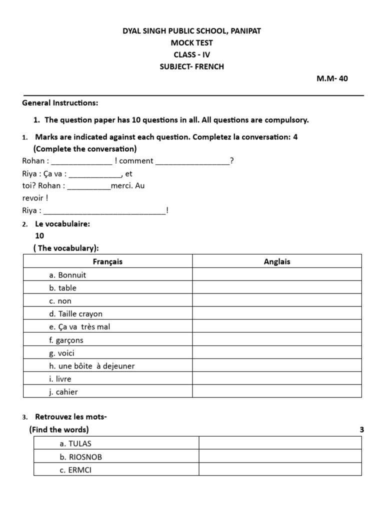 Test de Français Classe IV - Dyal Singh School | PDF