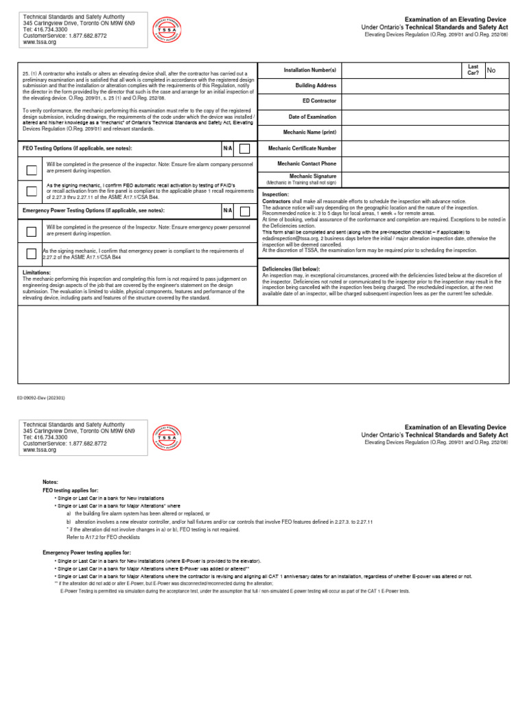 11 Examination of An Elevating Device 202301112 Fillable - Mechanic ...