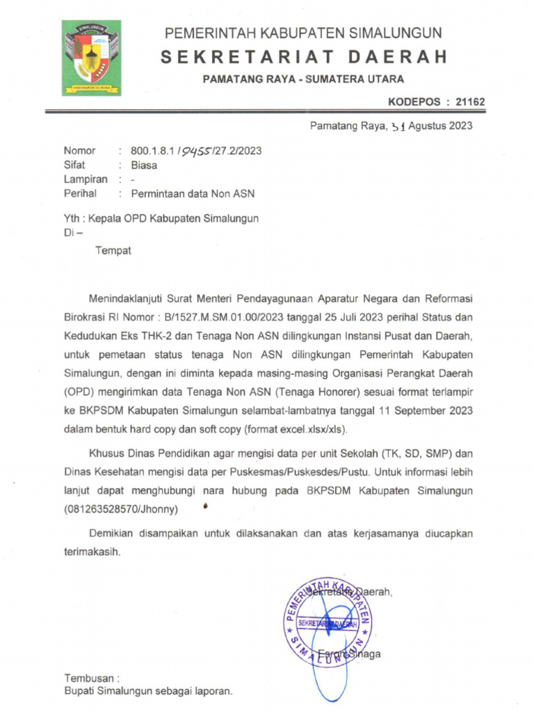 SURAT PERMINTAAN DATA NON ASN 2023 BKPSDM (1) | PDF