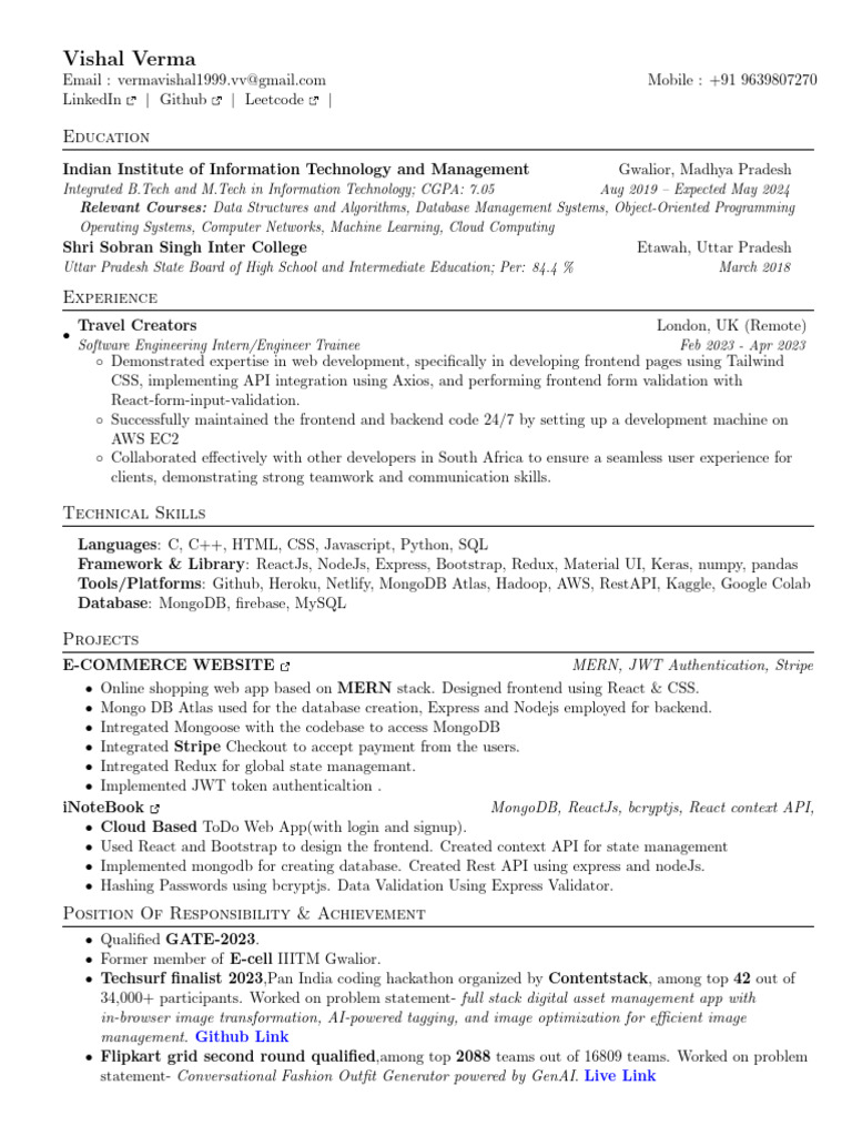 Vishal Verma: Software Engineer Resume | PDF | Databases | World Wide Web