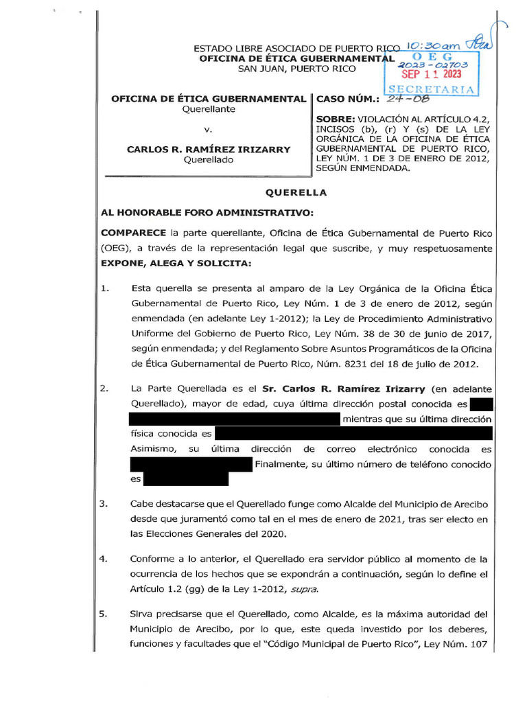 Querella Oeg Carlos Ramirez Irizarry - Caso Médico Exconvicto Arecibo | PDF