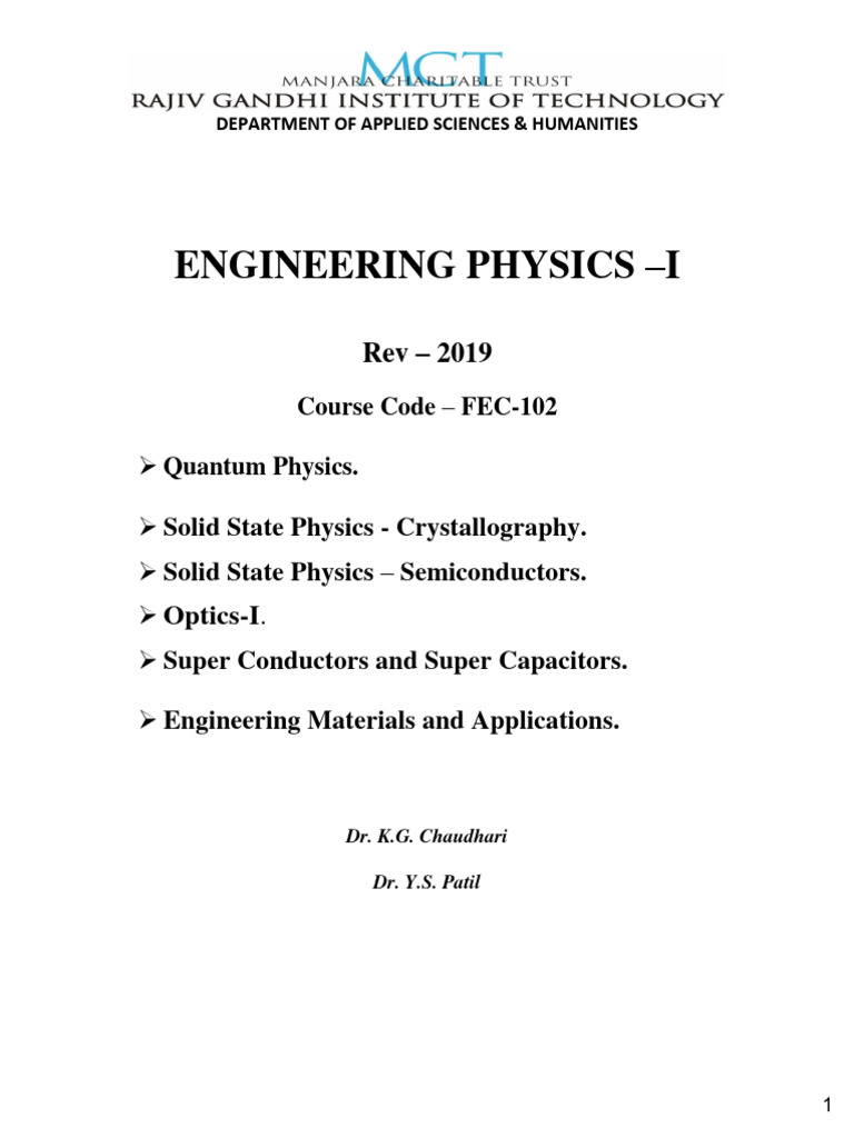 Engineering Physics 1 Notes by Rajiv Gandhi College | PDF