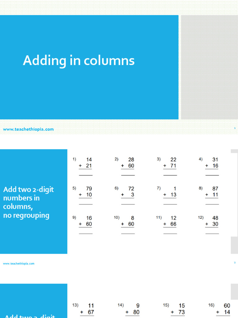 Adding in Columns 2 Add Two 2-Digit Numbers in Columns - No Carrying | PDF
