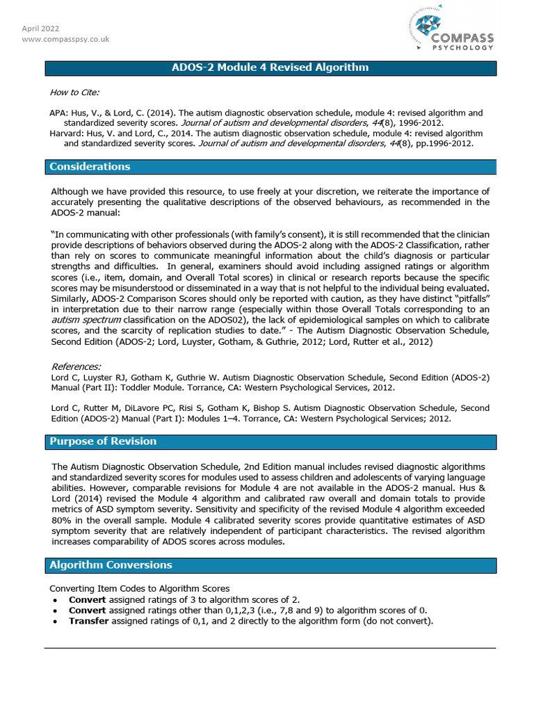 ADOS 2 Module 4 Revised Algorithm Hus and Lord 2014 April 2022 | PDF ...