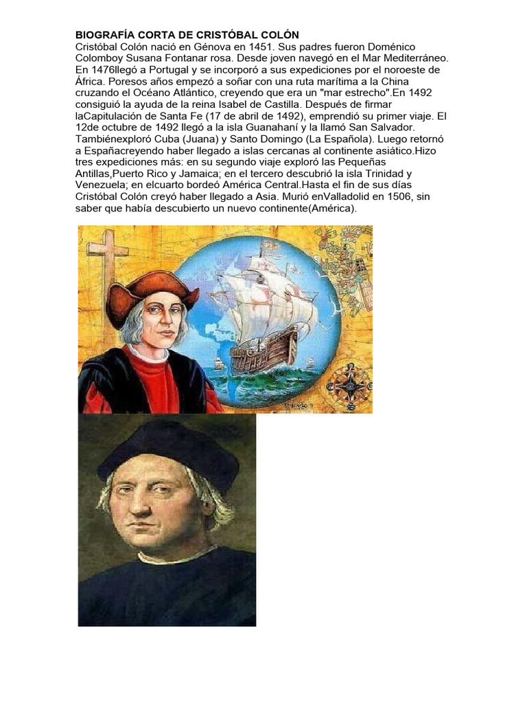 BIOGRAFÍA CORTA DE CRISTÓBAL COLÓN | PDF | Cristobal colon | Américas
