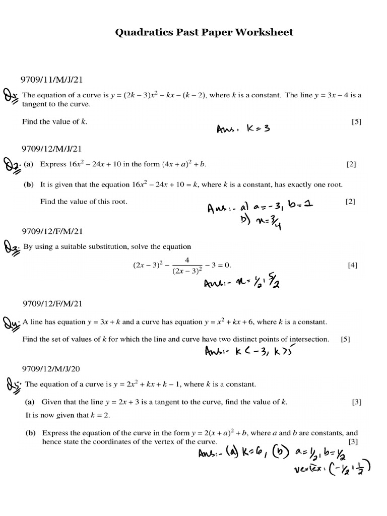 Quadratics Past Paper Worksheet | PDF