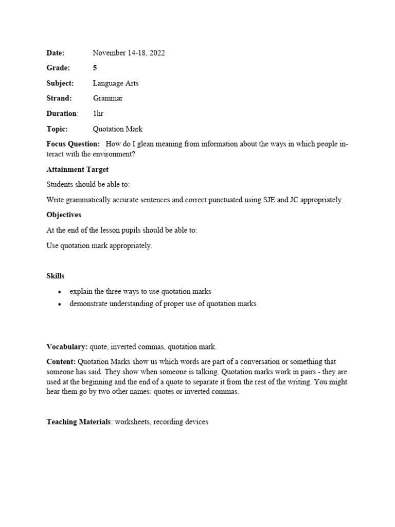 Grade 5 Grammar: Quotation Marks | PDF | Quotation Mark | Teachers
