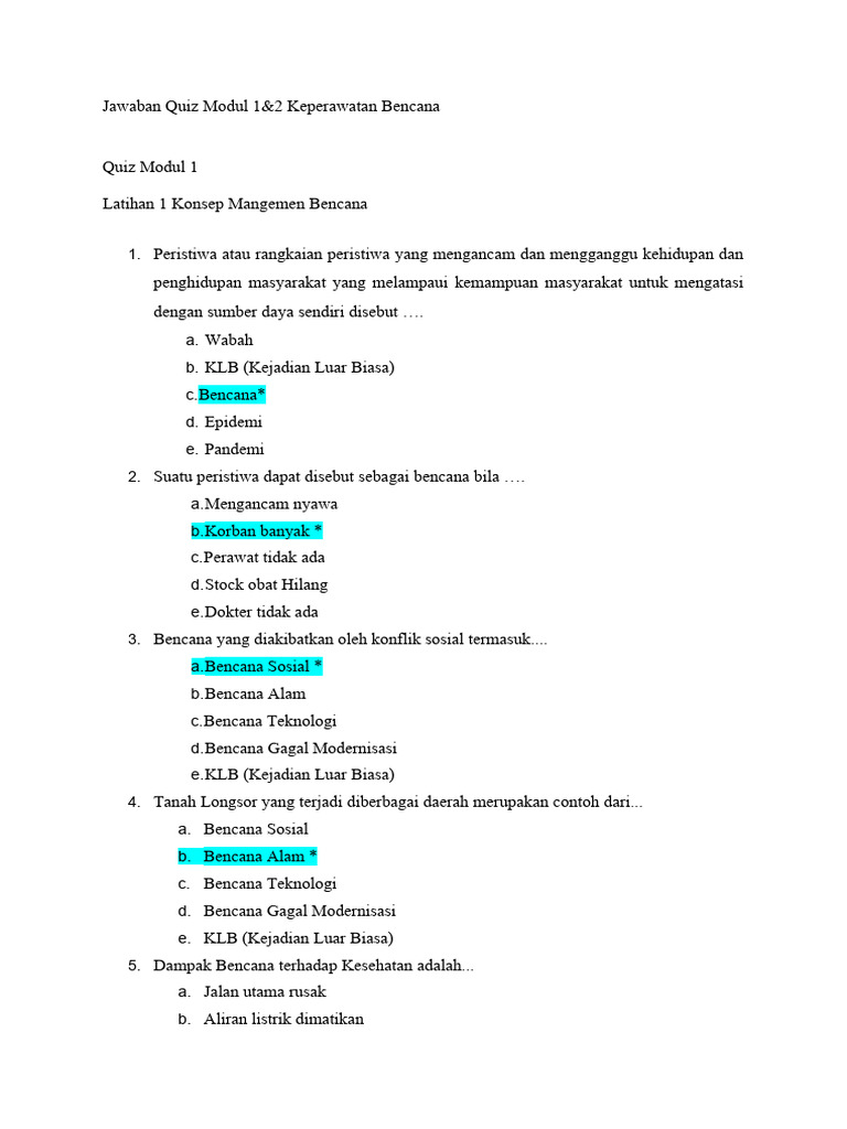 Quiz Keperawatan Bencana Modul 1 2 3 | PDF | Kesehatan Holistik