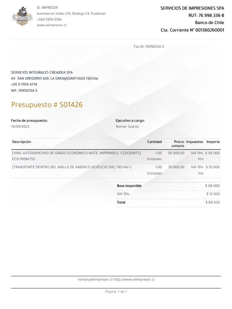 Presupuesto - S01426 | PDF