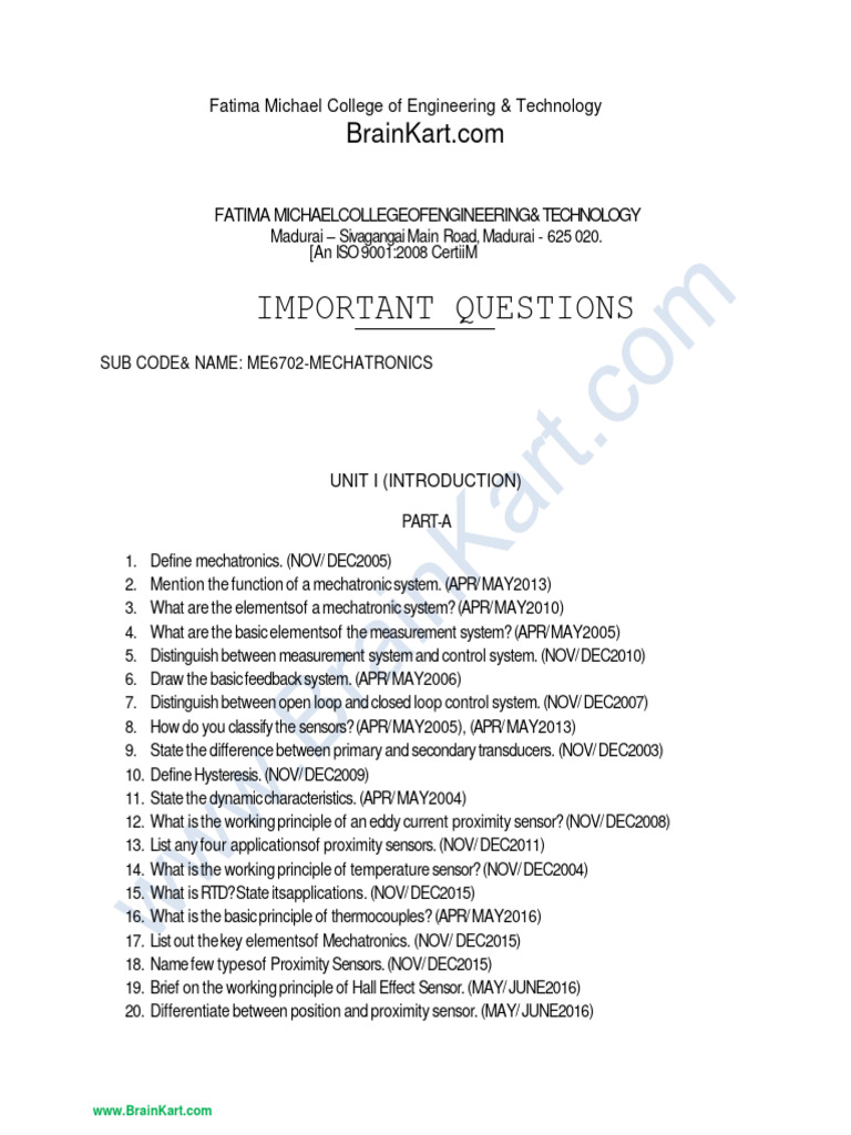 061 - ME8791, ME6702 Mechatronics - Important Questions | PDF ...