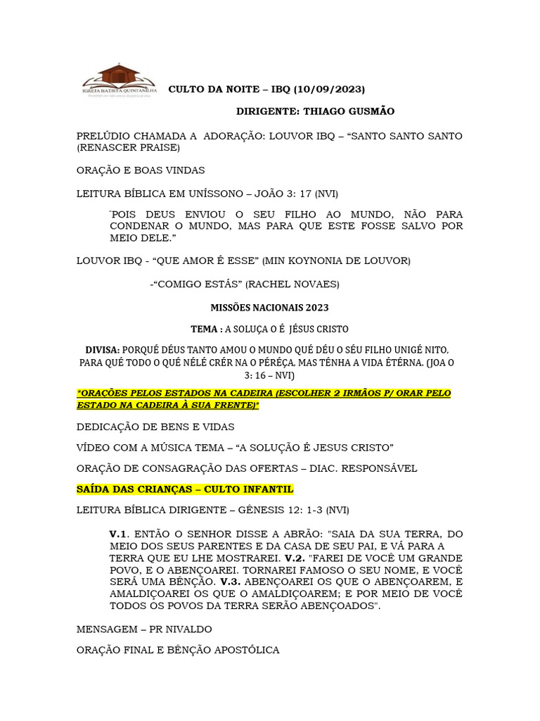 Ordem de Culto Noite 10-09-2023 | PDF Ordem de Culto Noite 10-09-2023 | PDF