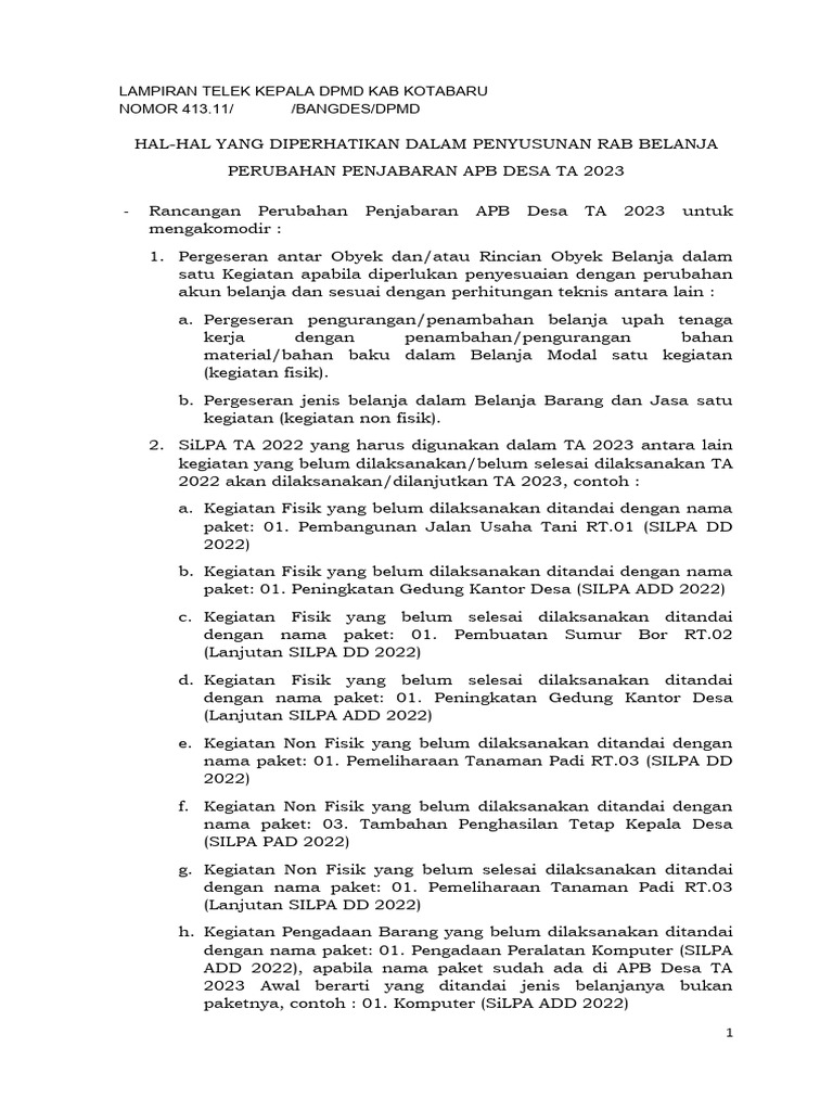 Lampiran Telek Perubahan Penjabaran APB Desa 2023 | PDF | Pengelolaan Keuangan & Uang