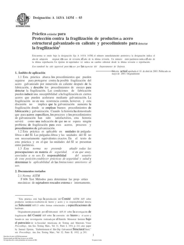 Astm A143-16a Esp | PDF | Acero | Deformación (ingeniería)