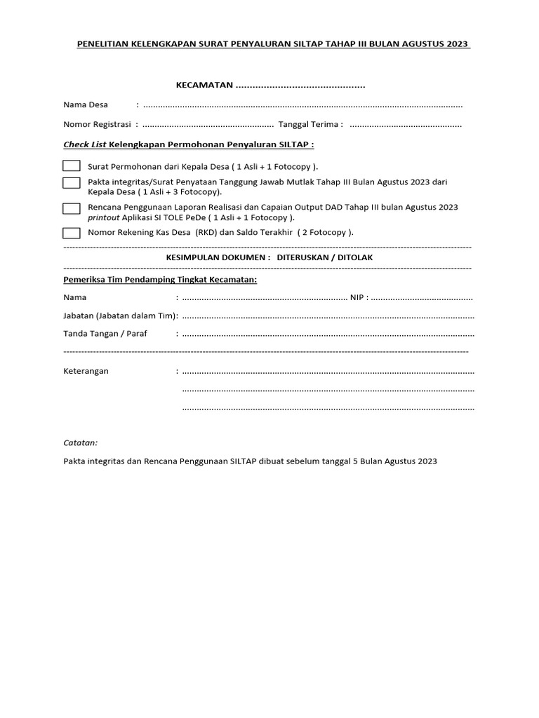 5 Checklist SILTAP Tahap III Bulan Agustus 2023 Kecamatan | PDF | Hukum ...