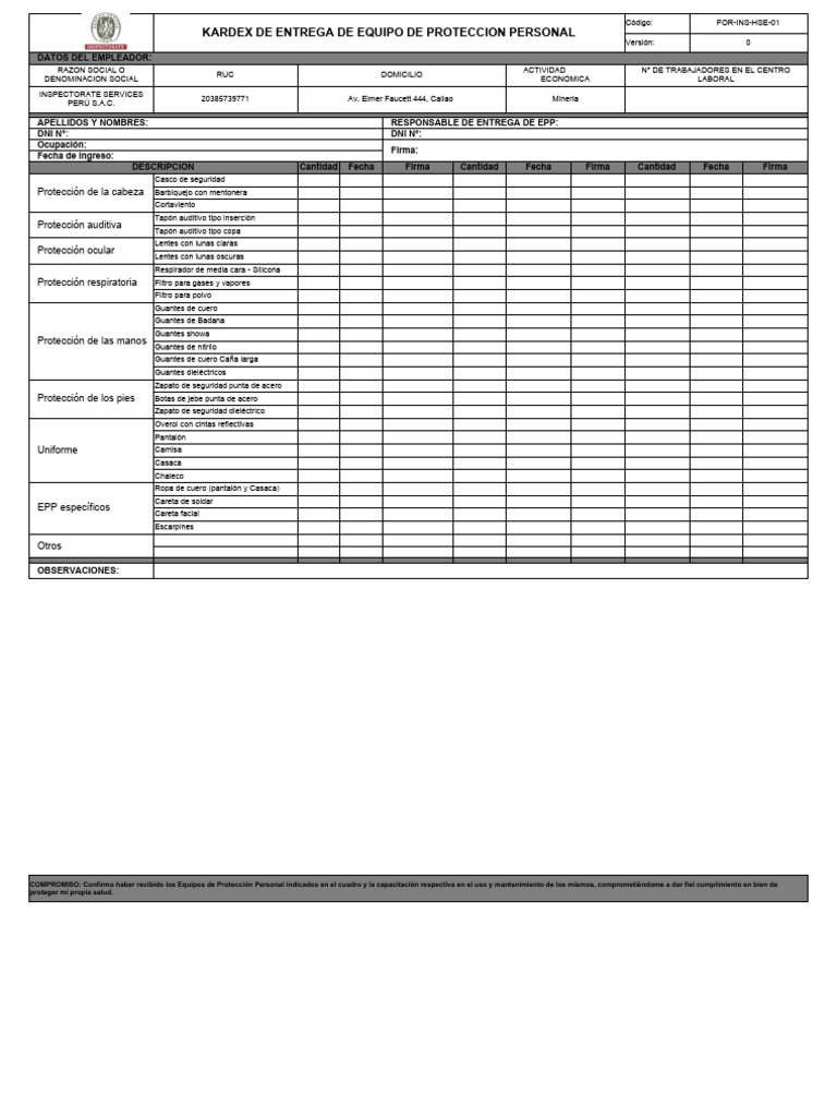 For. .01 Kardex de EPP | PDF | Seguridad y salud ocupacional | Softlines (venta minorista)