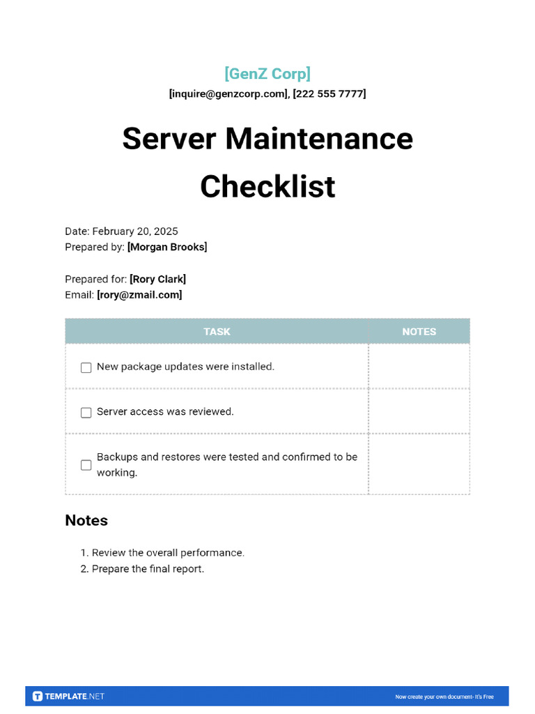 Server Maintenance Checklist Template | PDF