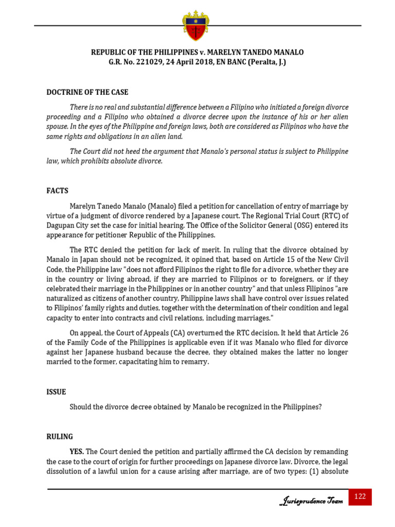 LAW 3100 - Persons & Family Relations - JD 33. G.R. No. 221029 - Republic vs. Manalo - Case ...
